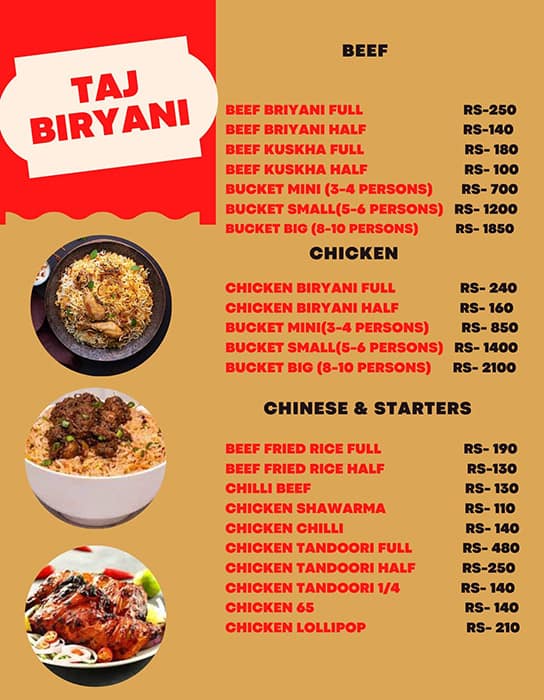 Menu of Taj Biryani, Vepery, Chennai