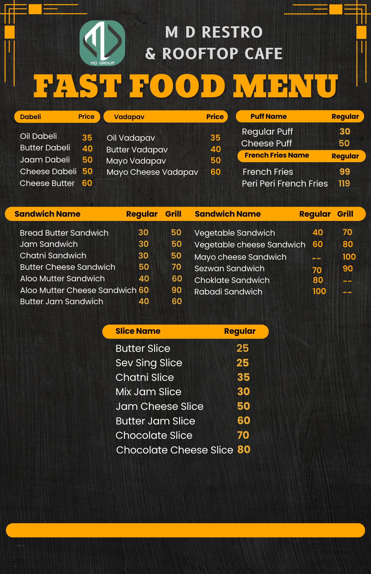 Menu of Md Restro & Rooftop Cafe, Naroda, Ahmedabad