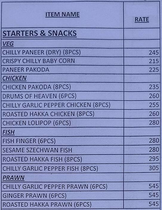 Menu of Regent Restaurant, Belghoria, Kolkata