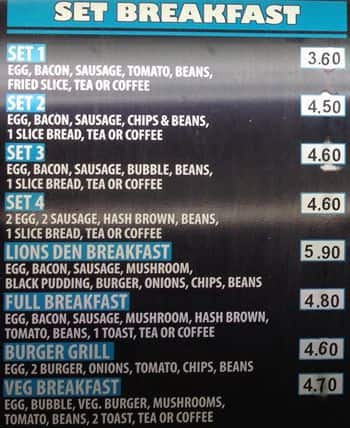 Menu at Lions Den cafe, London, 197 Rotherhithe New Rd