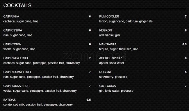 Menu at Capoeira Brazilian Restaurant, London