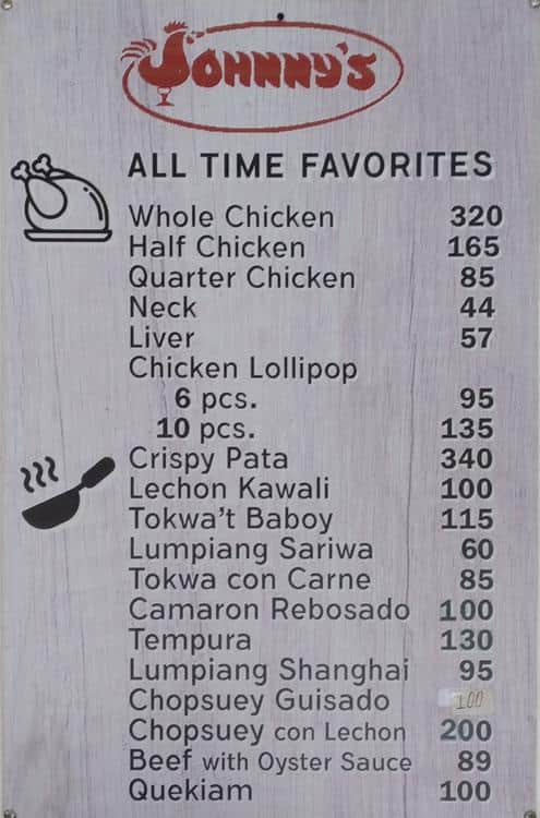 Menu at Johnny's restaurant, Antipolo, Sumulong Hwy