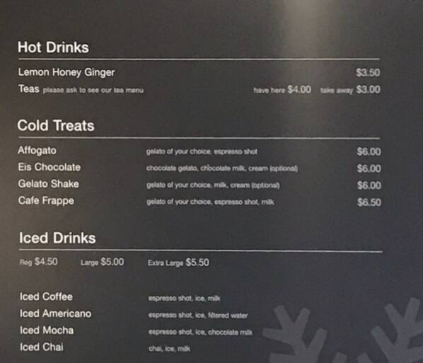 Menu at Kaffee Eis Courtenay Place cafe, Wellington, 29 Courtenay Pl