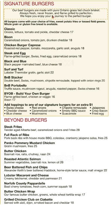 Menu at BNB pub & bar, Toronto