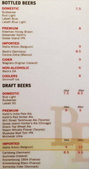 Menu at BNB pub & bar, Toronto