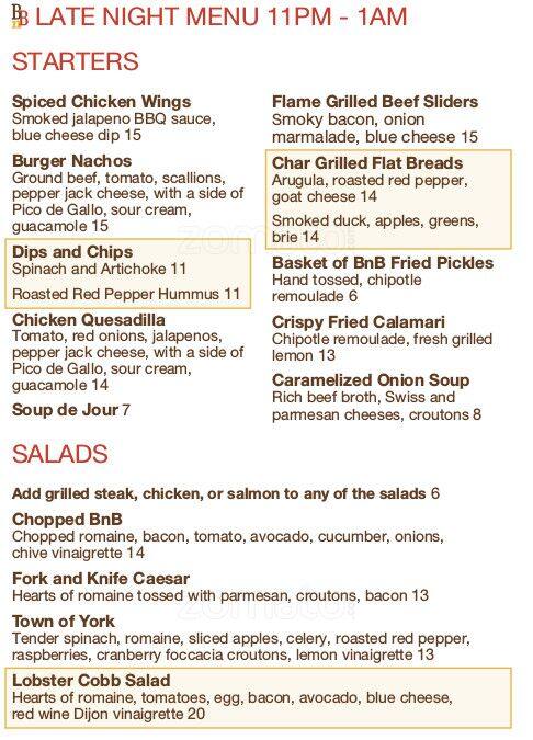 Menu at BNB pub & bar, Toronto