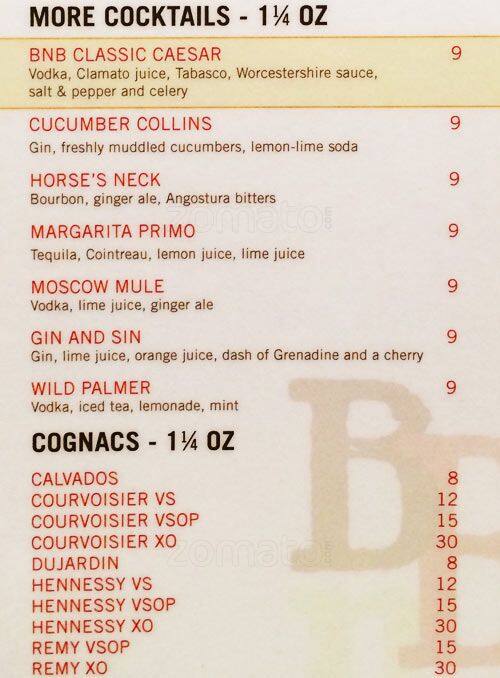 Menu at BNB pub & bar, Toronto