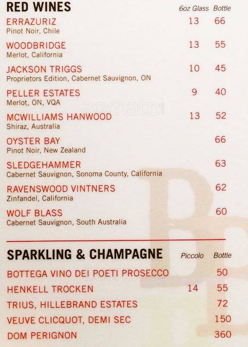 Menu at BNB pub & bar, Toronto