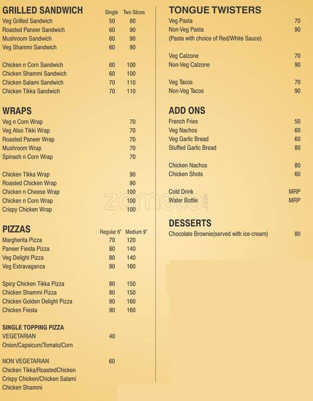 Menu at Tinder Box, Panchkula