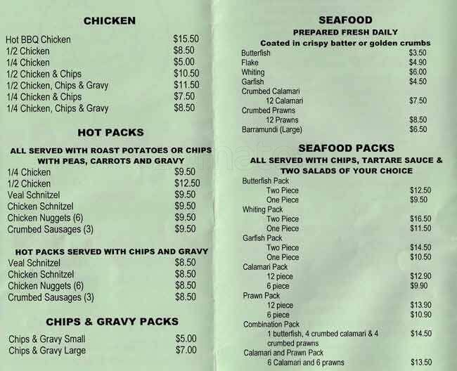 Menu at Chicken Legends, Old Noarlunga