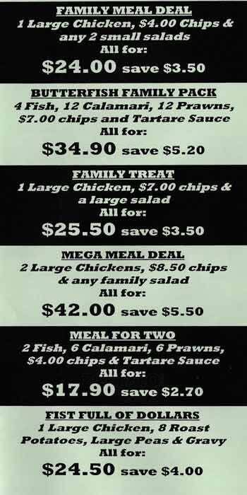 Menu at Chicken Legends, Old Noarlunga