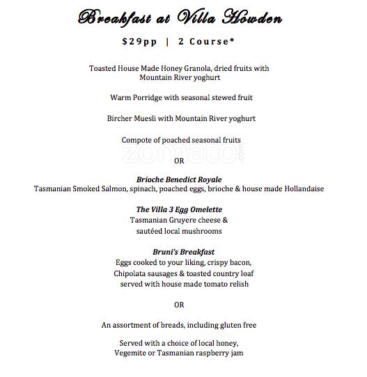 Menu at Villa Howden restaurant, Howden