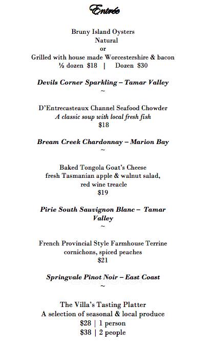 Menu at Villa Howden restaurant, Howden