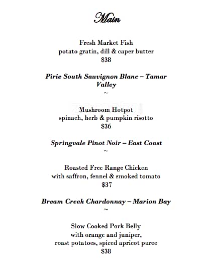 Menu at Villa Howden restaurant, Howden