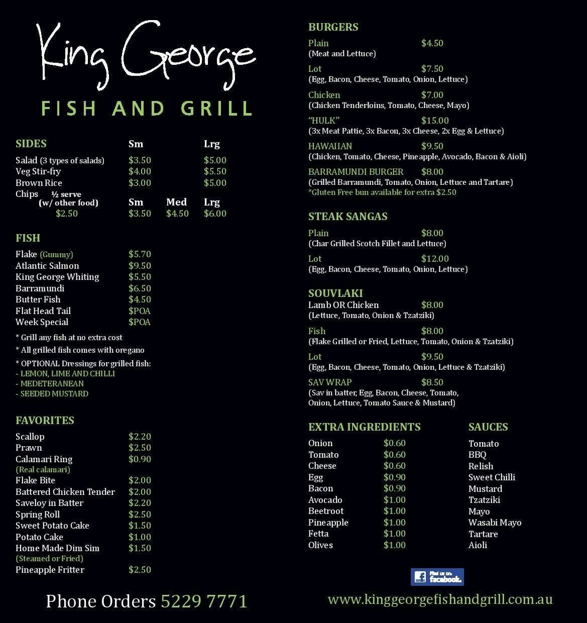 Menu at King George fast food, Geelong West