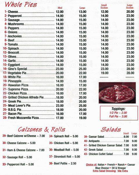 Gino's Pizzeria Menu, Menu for Gino's Pizzeria, Upper East Side, New ...