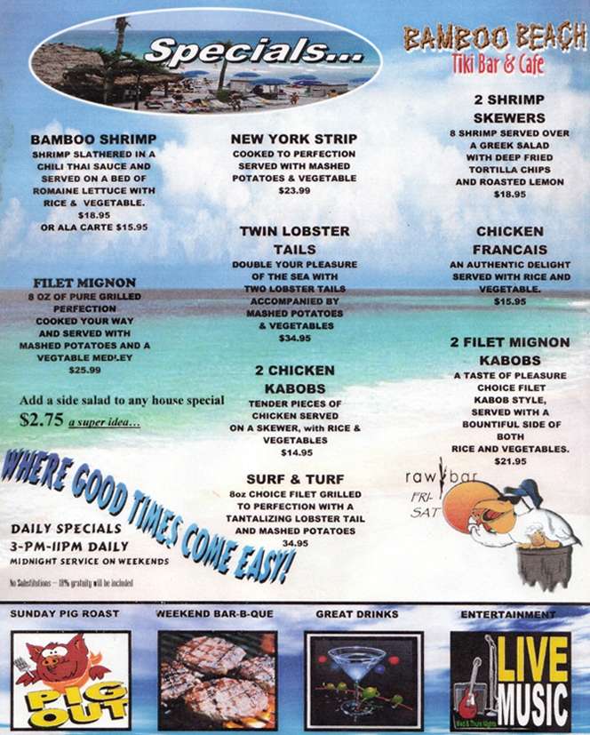Menu at Bamboo Beach Tiki Bar & Cafe, Fort Lauderdale