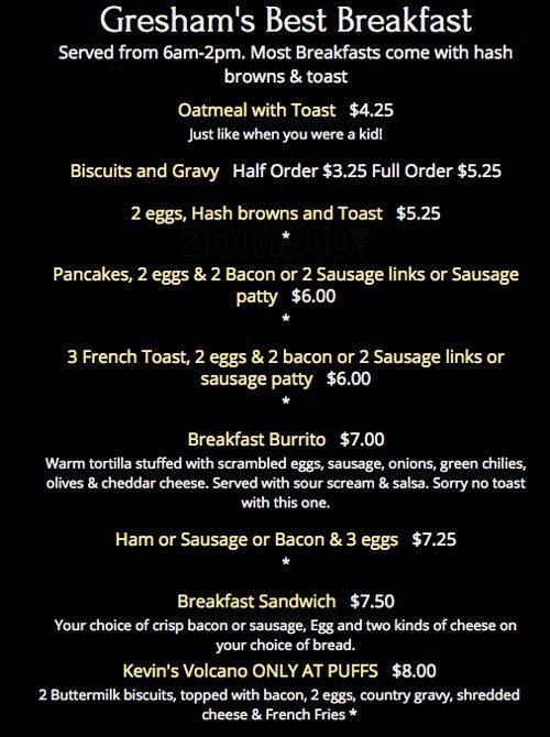 Menu at Wichita Puff's Pub, Gresham