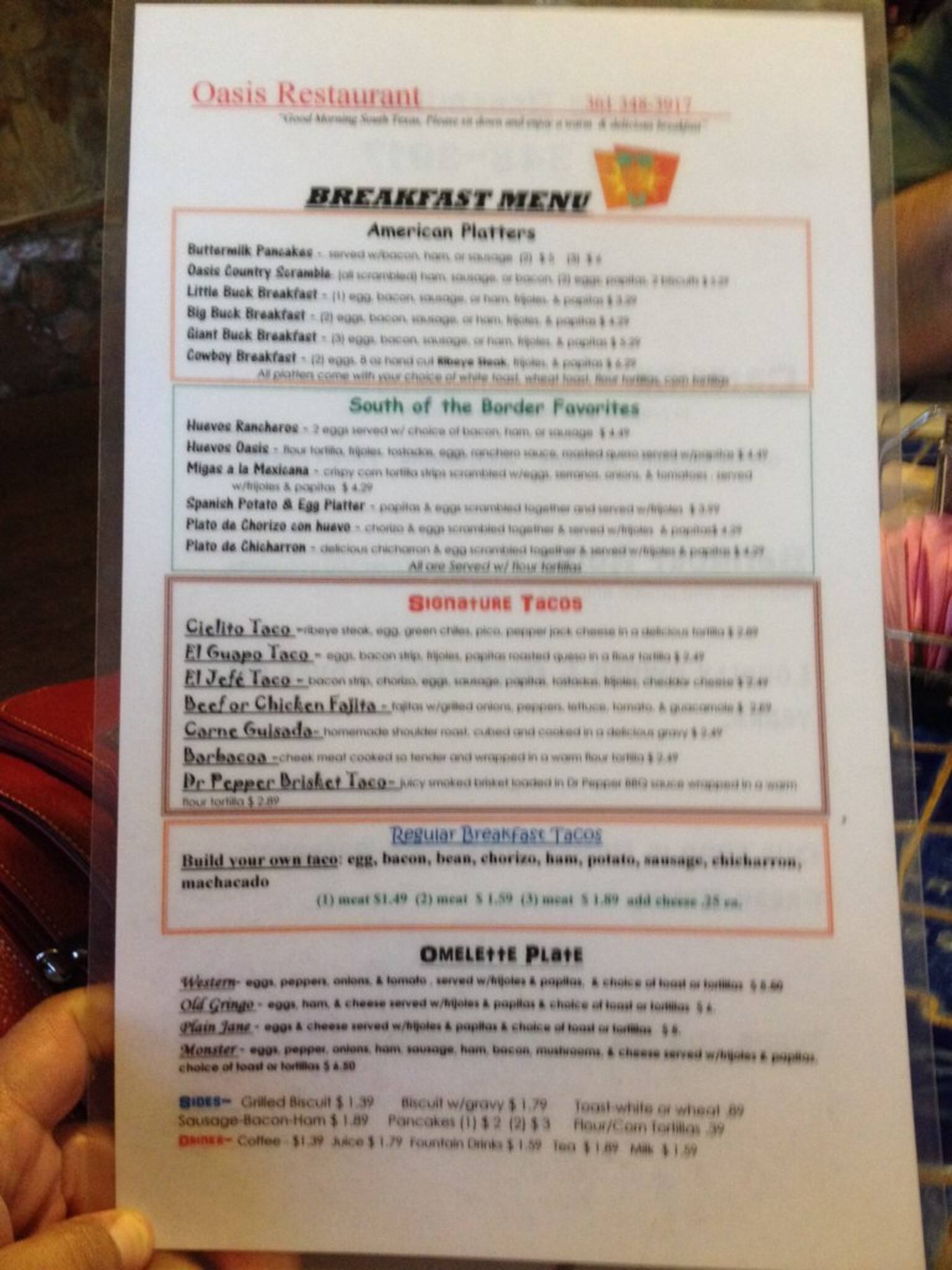 Menu at Oasis restaurant, Premont