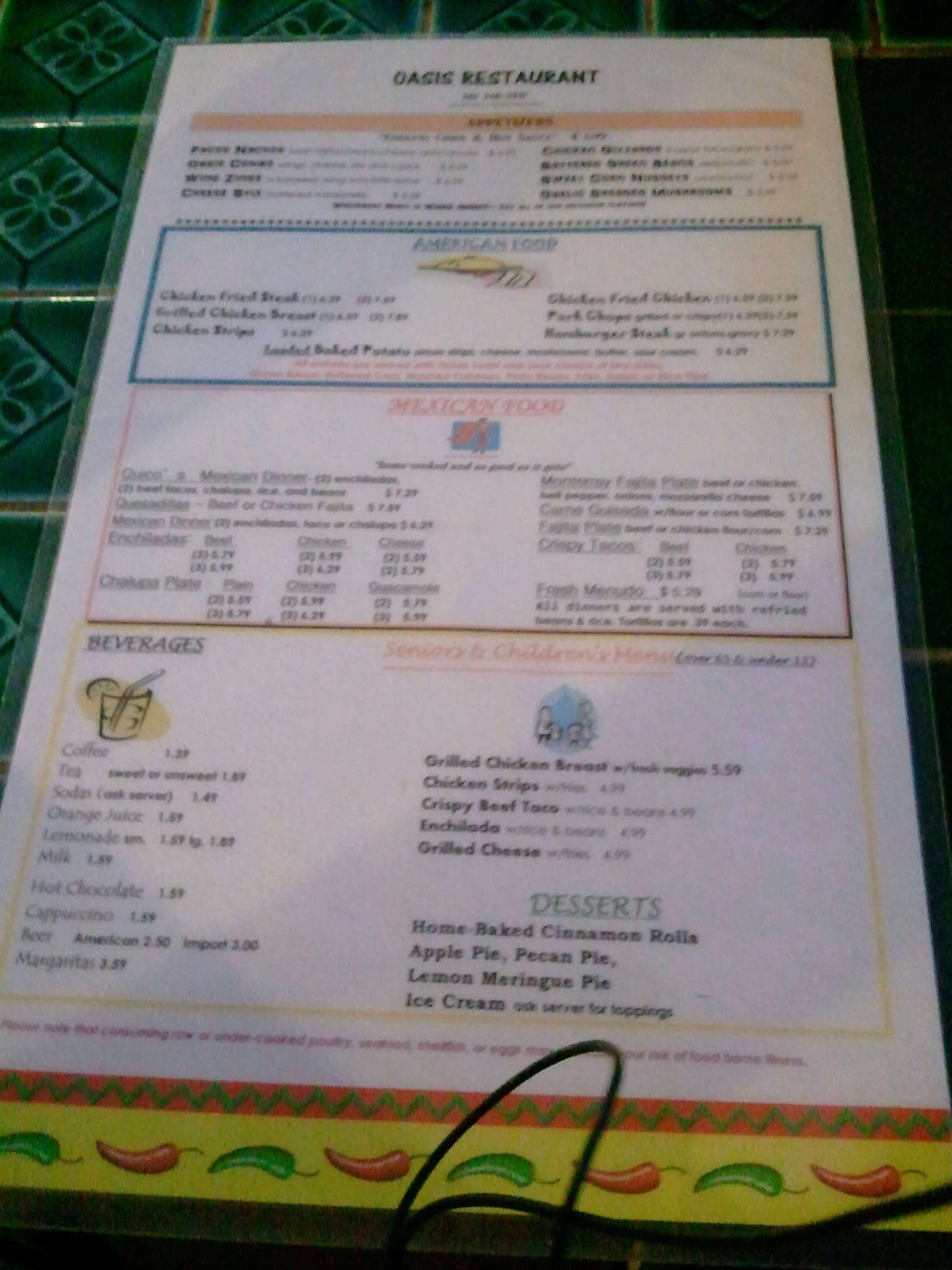 Menu at Oasis restaurant, Premont