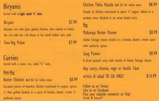 Menu at Sizzle N Spice restaurant, Redmond