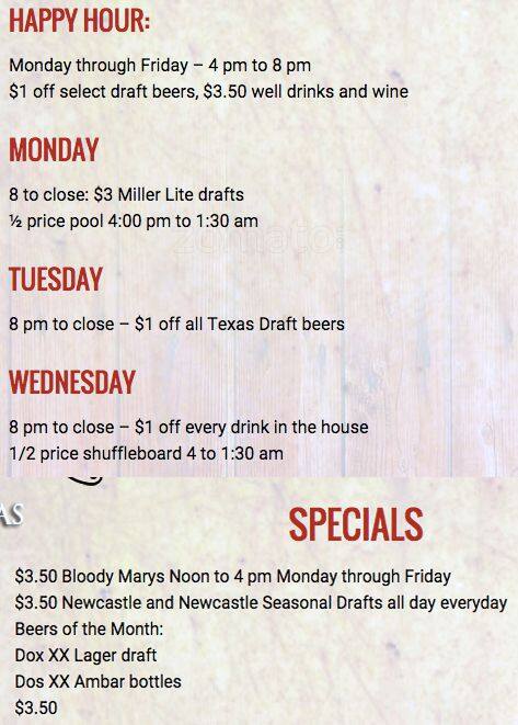 Menu at Buffalo Billiards pub & bar, Austin, 201 E 6th St