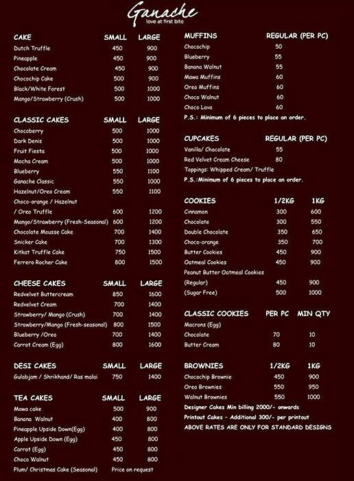 Menu at Ganache, Navi Mumbai, Sector 4