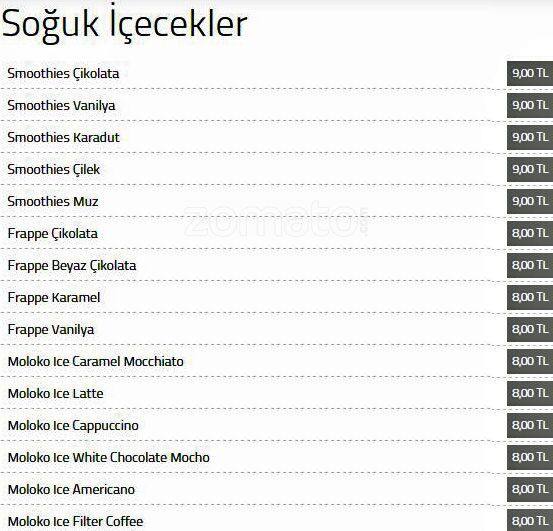 Menu at Moloko Coffee, Konya