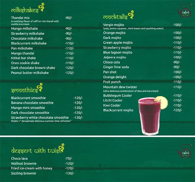 Menu at Taprii The Chakafe, Raipur, Sector 1