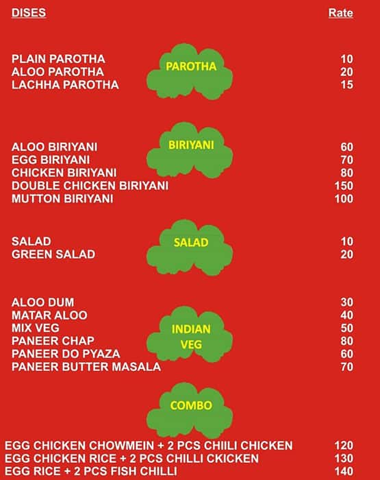 Menu at Sony food centre, Kolkata