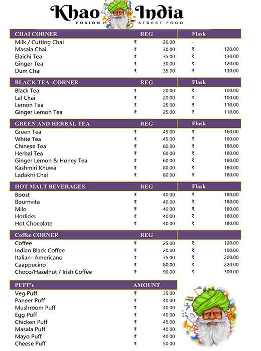 Menu of Khao India, Thuraipakkam, Chennai