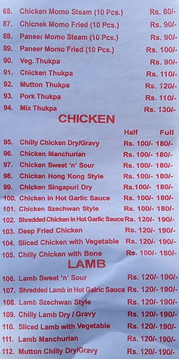 Menu of Chom Chow Chinese Foods, Safdarjung, New Delhi