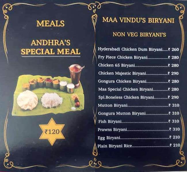 Menu of Maa Vindhu Bhojanam, Whitefield, Bangalore