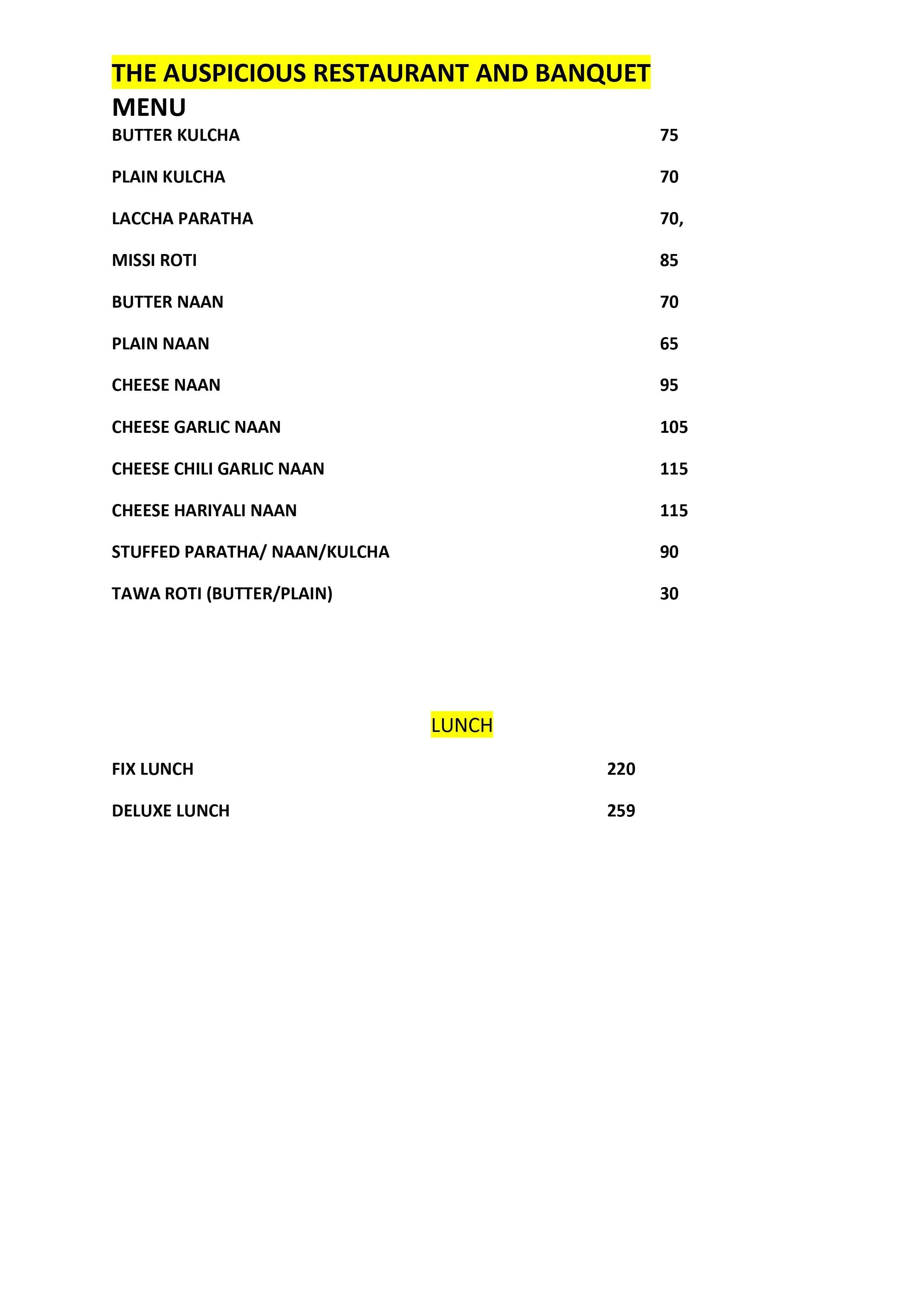 Menu of The Auspicious Restaurant, Chandkheda, Ahmedabad