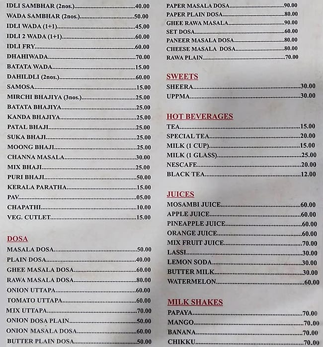 Menu of Udupi Refreshment, Vasco, Goa