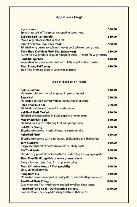 Menu of Tamnak Thai, Dadar Shivaji Park, Mumbai