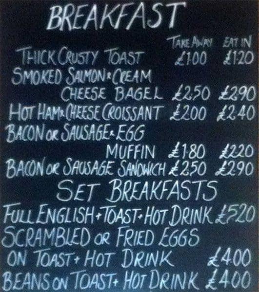 Menu at Mortimers Cafe, London