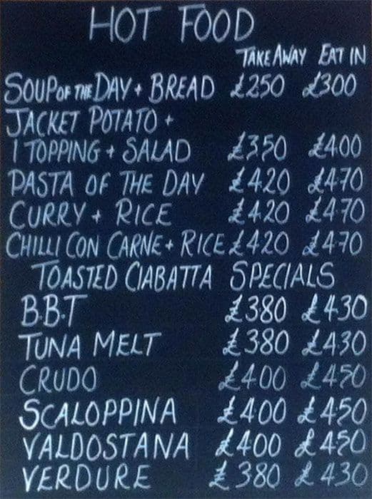 Menu at Mortimers Cafe, London