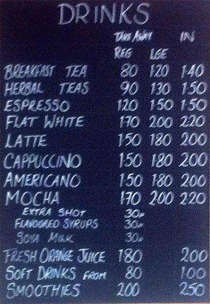 Menu at Mortimers Cafe, London