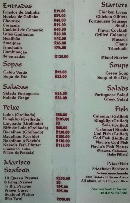 Menu at Navio's Portuguese Restaurant, Johannesburg South