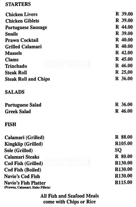 Menu at Navio's Portuguese Restaurant, Johannesburg South