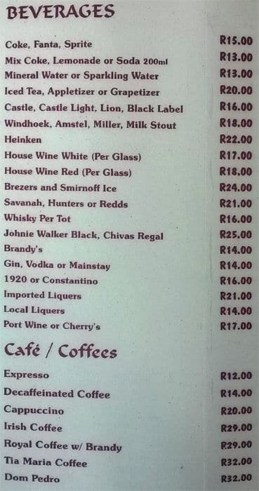 Menu at Navio's Portuguese Restaurant, Johannesburg South