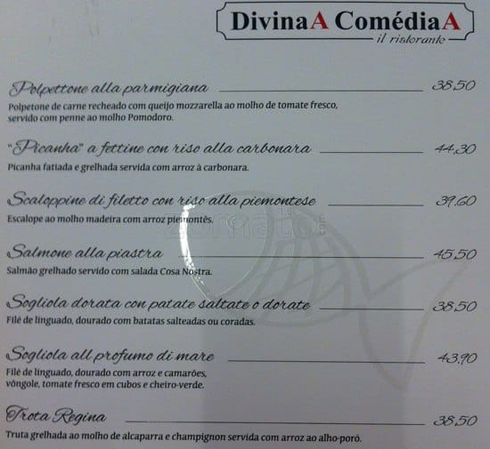 Menu at Divina Comedia restaurant, São Paulo, 12551 - Piso Boulevard