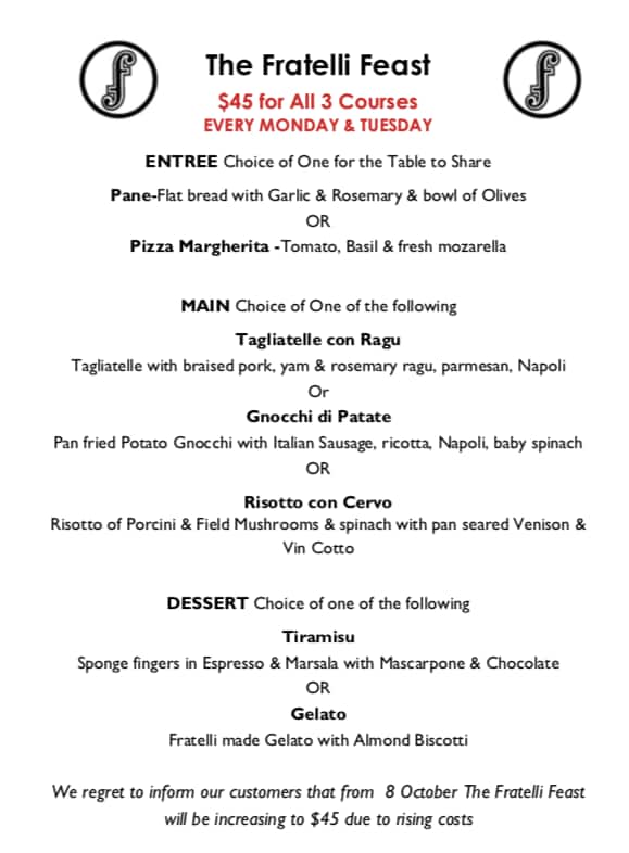 Menu at Fratelli pub & bar, Wellington, 15 Blair St