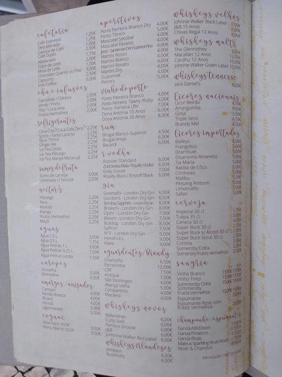 Menu at O Poeta restaurant, Cascais, R. Regimento 19 de Infantaria