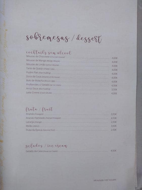Menu at O Poeta restaurant, Cascais, R. Regimento 19 de Infantaria