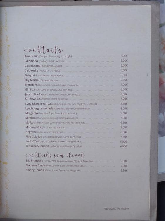 Menu at O Poeta restaurant, Cascais, R. Regimento 19 de Infantaria