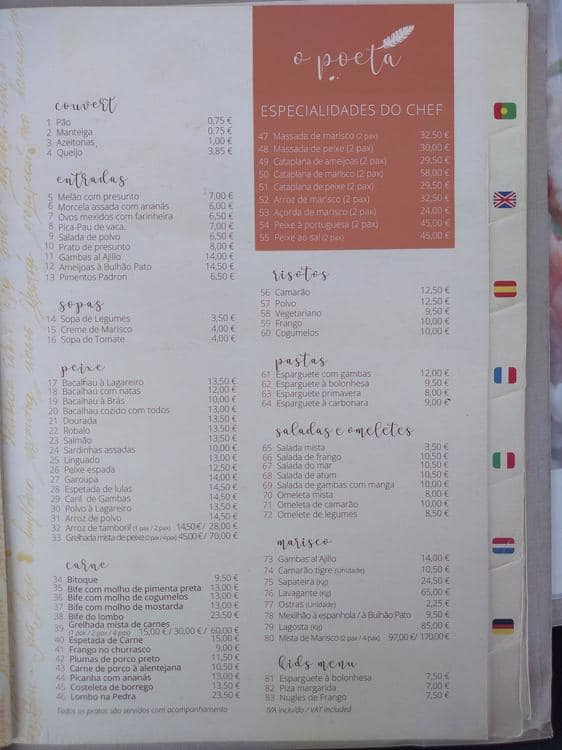 Menu at O Poeta restaurant, Cascais, R. Regimento 19 de Infantaria