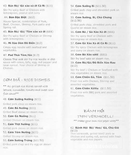 Menu at Pho Fusion restaurant, Vernon