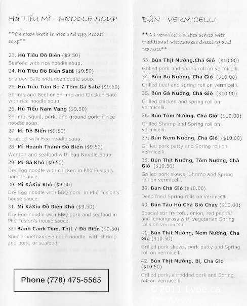 Menu at Pho Fusion restaurant, Vernon